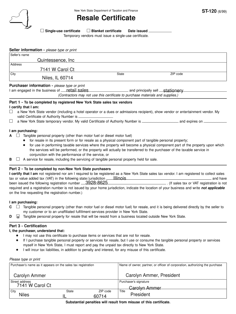 Fillable Online Form ST-120:6/18: Resale Certificate:st120 - Tax.ny.gov ...