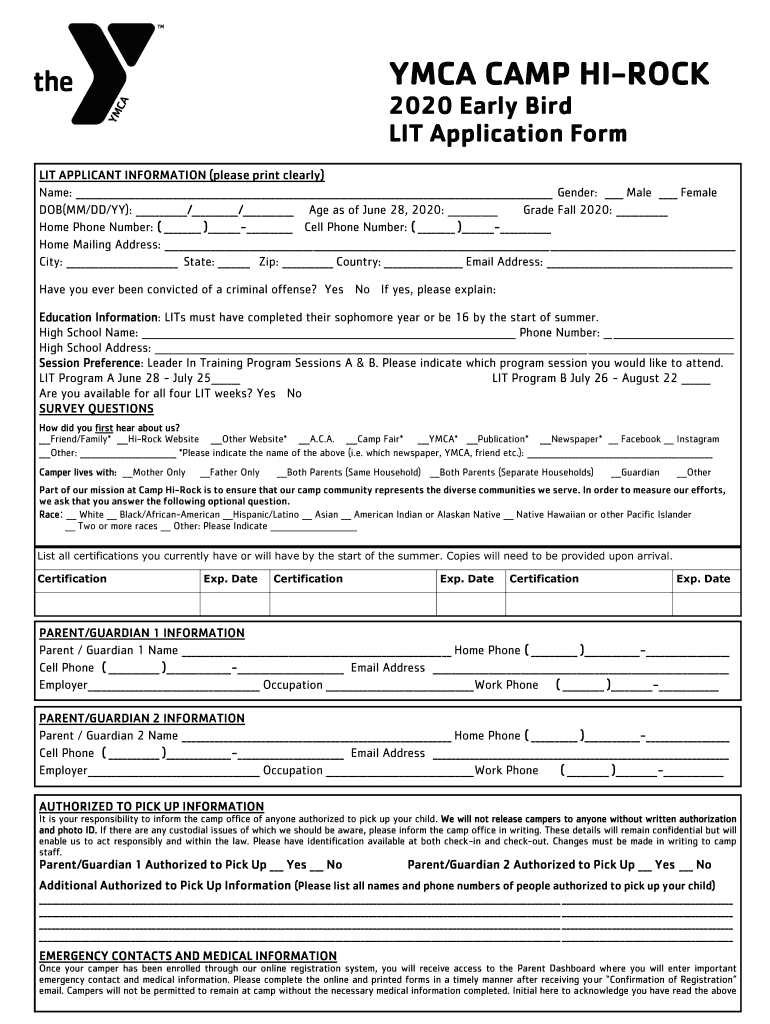 Fillable Online ymca camp hi-rock 2019 registration form Fax Email ...