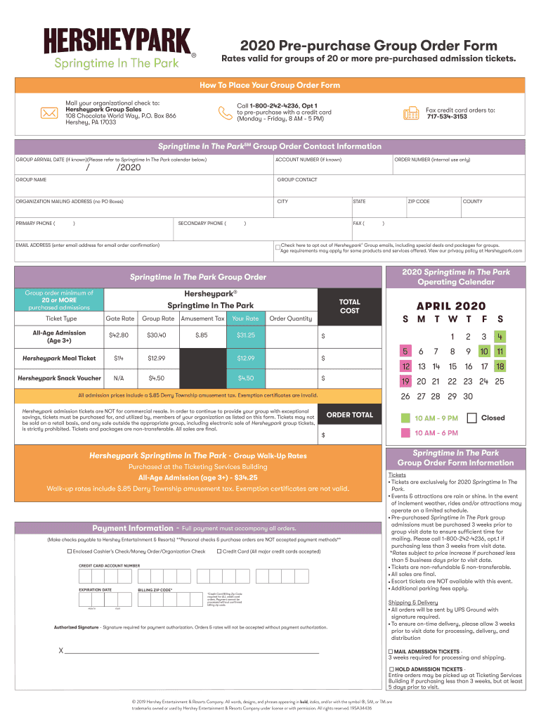Fillable Online 2020 Pre-purchase Corporate Order Form - Hershey Park ...