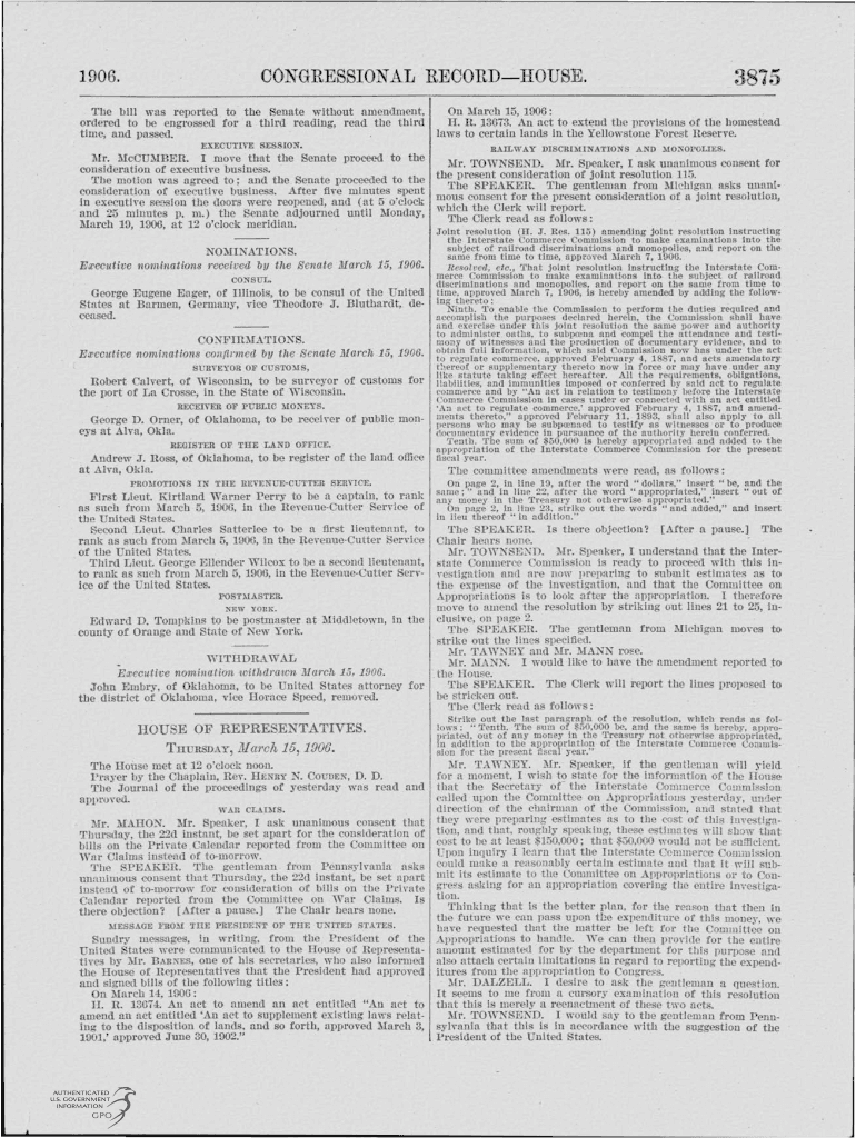 Fillable Online 1906. congressional record house. - Office for Coastal ...