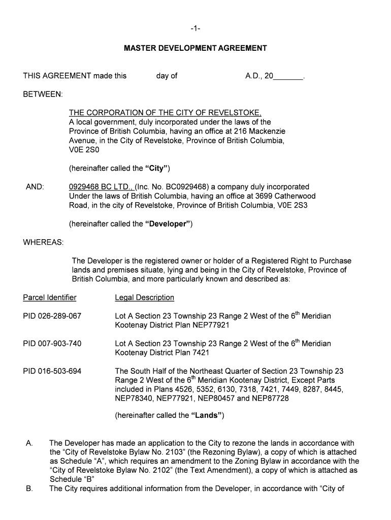 Fillable Online revelstoke civicweb -1MASTER DEVELOPMENT AGREEMENT Fax Email Print - pdfFiller