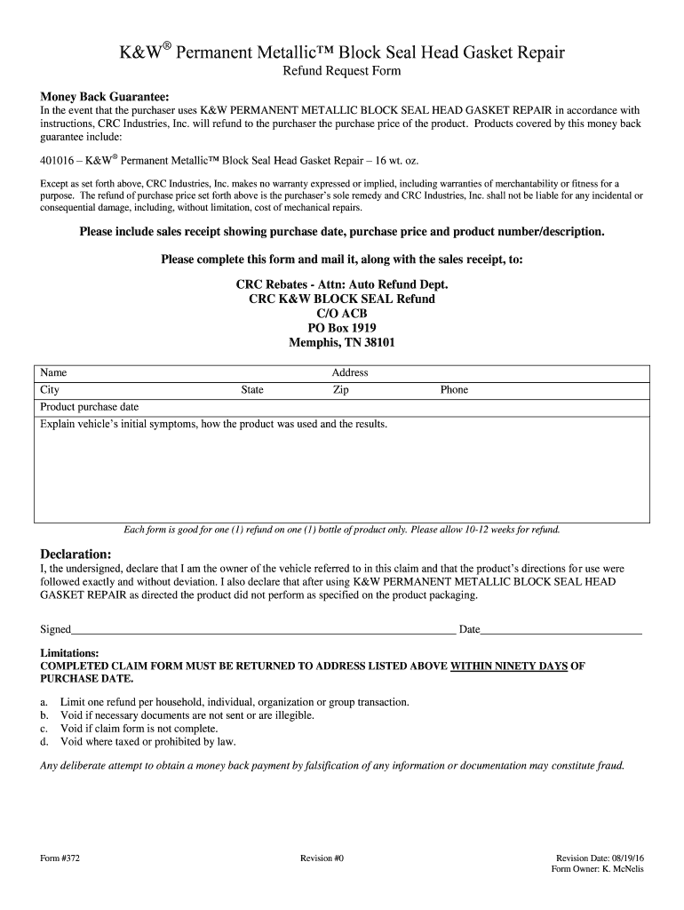 Fillable Online Permanent Metallic Block Seal Head Gasket Repair, 16 Wt Oz Fax Email Print ...