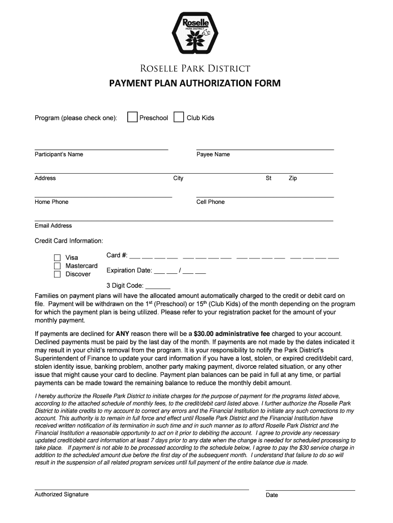 Fillable Online payment plan authorization form - Roselle Park District Fax Email Print - pdfFiller