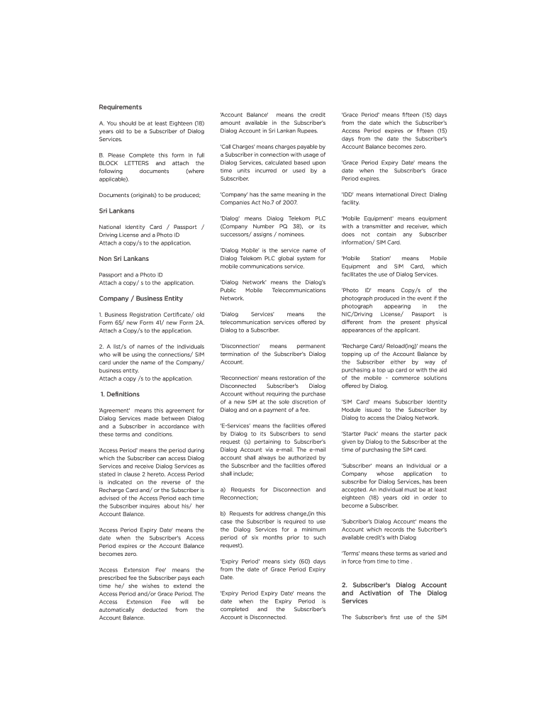 Fillable Online Postpaid Application Form (Mobile) - Dialog Fax Email ...