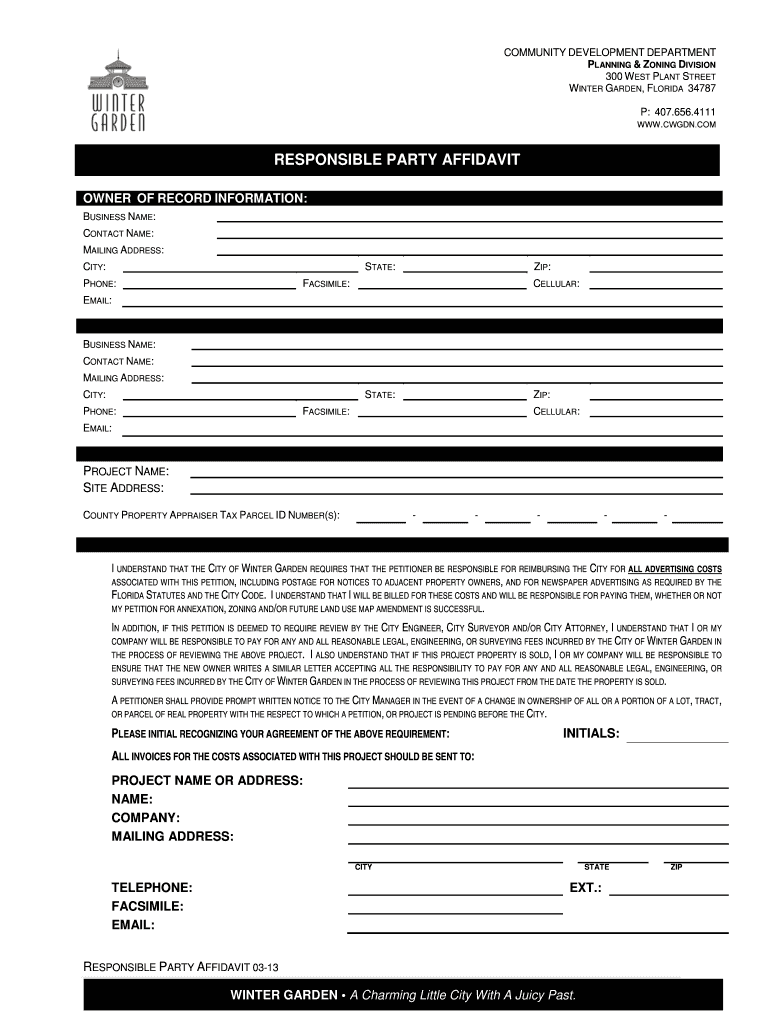 Fillable Online Responsible Party Affidavit - City of Winter Garden Fax ...
