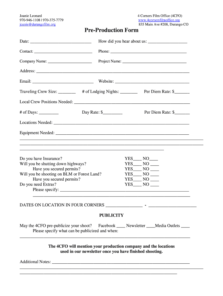 Fillable Online Pre-Production Form - Four Corners Film Office Fax ...