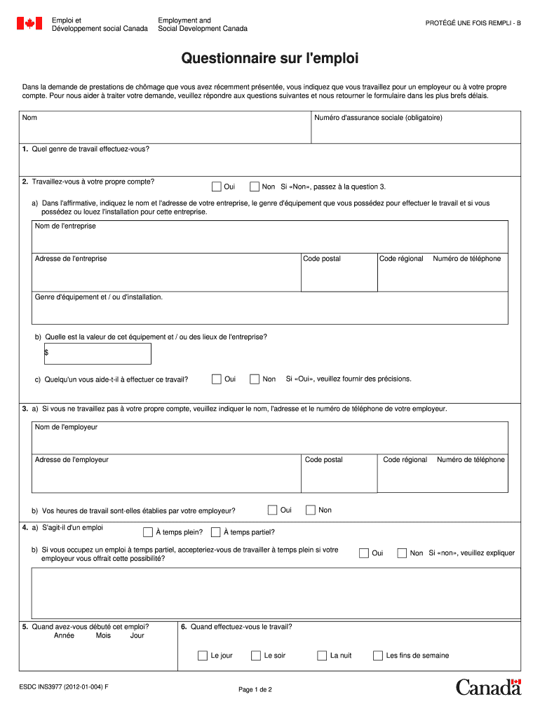 Remplissable En Ligne Questionnaire sur l'emploi - Service Canada Forms Fax Email Imprimer ...
