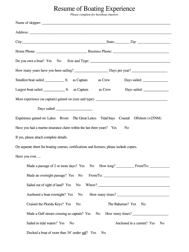 Fillable Online Resume of Boating Experience - Fun in the Sun Yachts ...