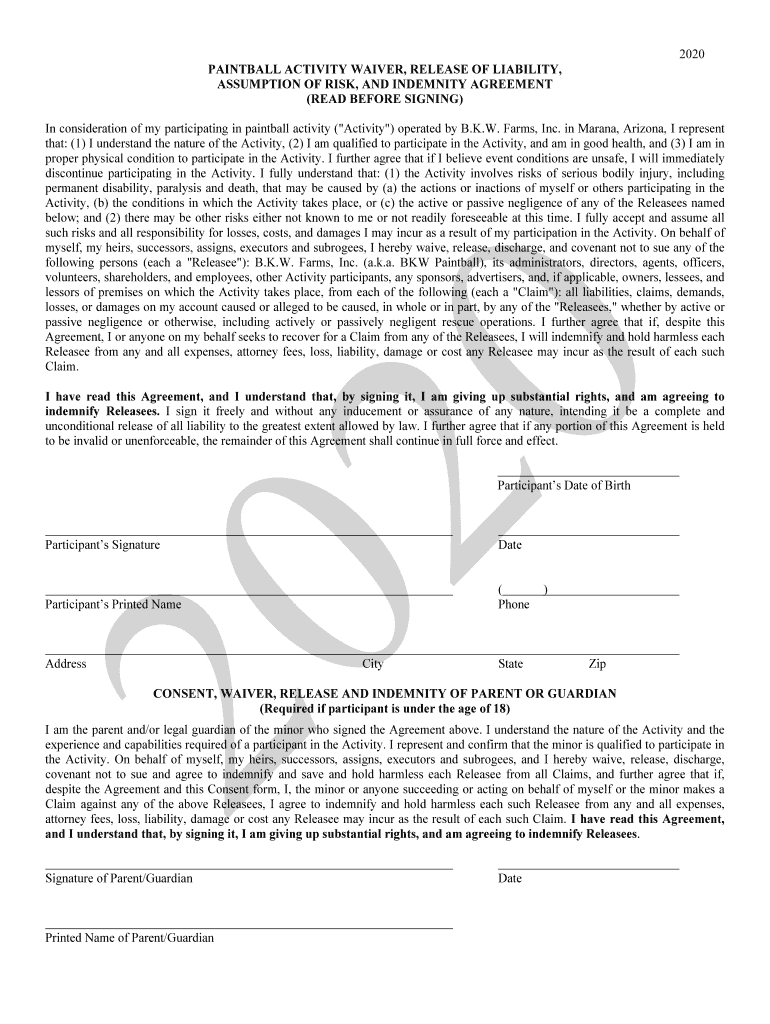 Fillable Online PAINTBALL ACTIVITY WAIVER, RELEASE OF LIABILITY, Fax ...