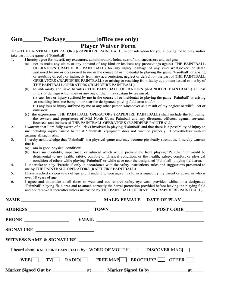 Fillable Online Gun Package (office use only) Player Waiver Form Fax ...