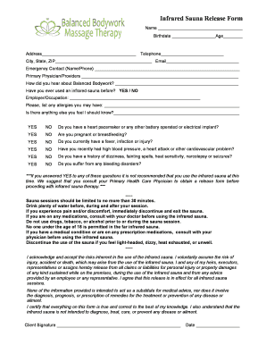Fillable Online Infrared Sauna Release Form - Balanced Bodywork Massage ...