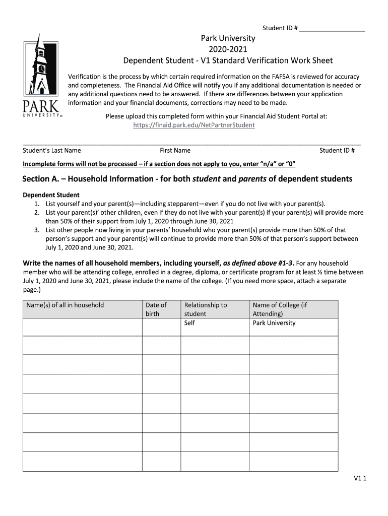 Fillable Online 2020-2021 V1 Dependent Verification Worksheet - Park ...