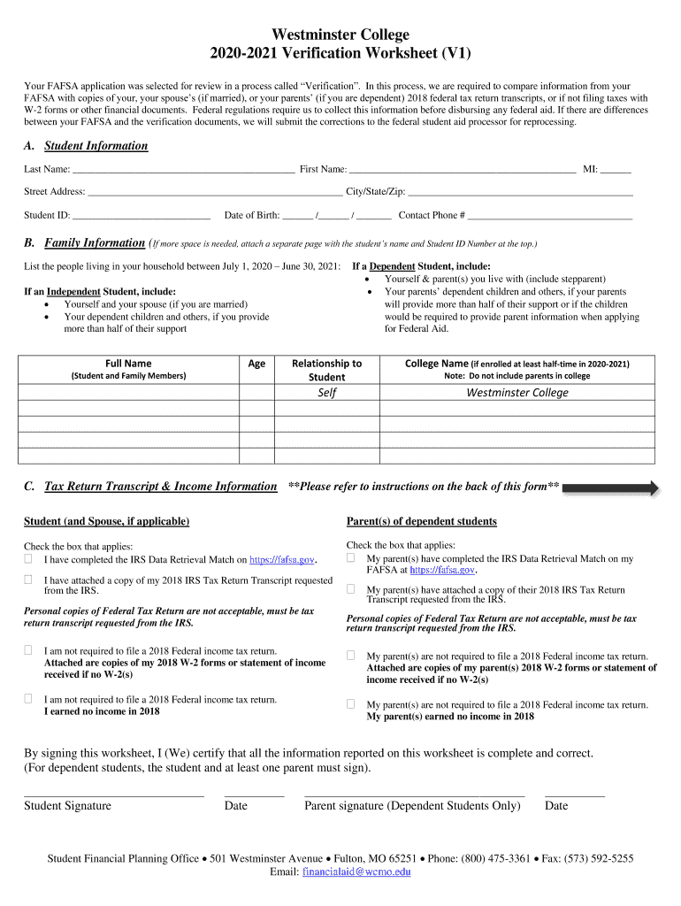 Fillable Online Verification Worksheet V1 Standard - Westminster ...