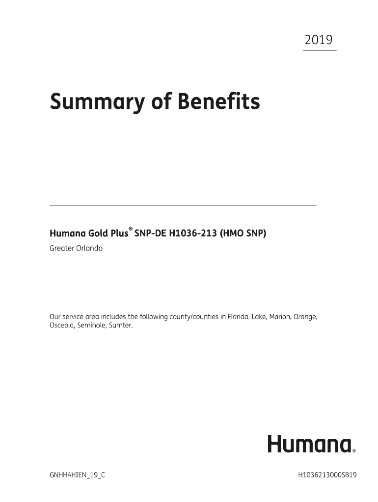 Fillable Online Your 2019 Summary of Benefits- Humana Gold Plus SNP-DE ...