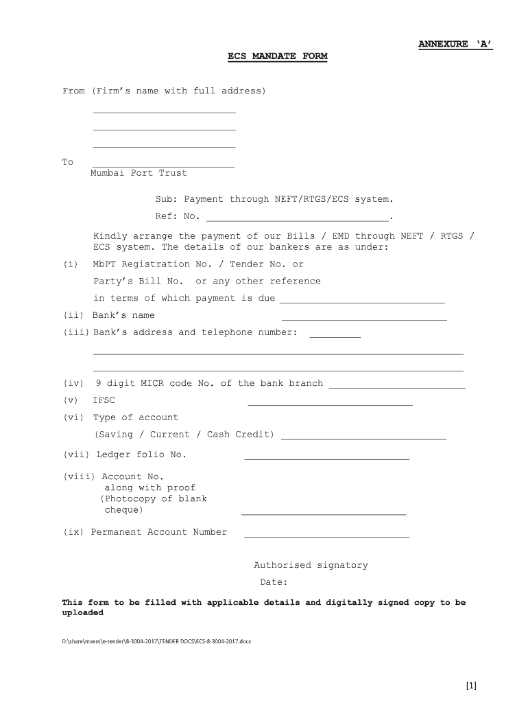 Ecs Mandate Form - Fill Online, Printable, Fillable, Blank | pdfFiller