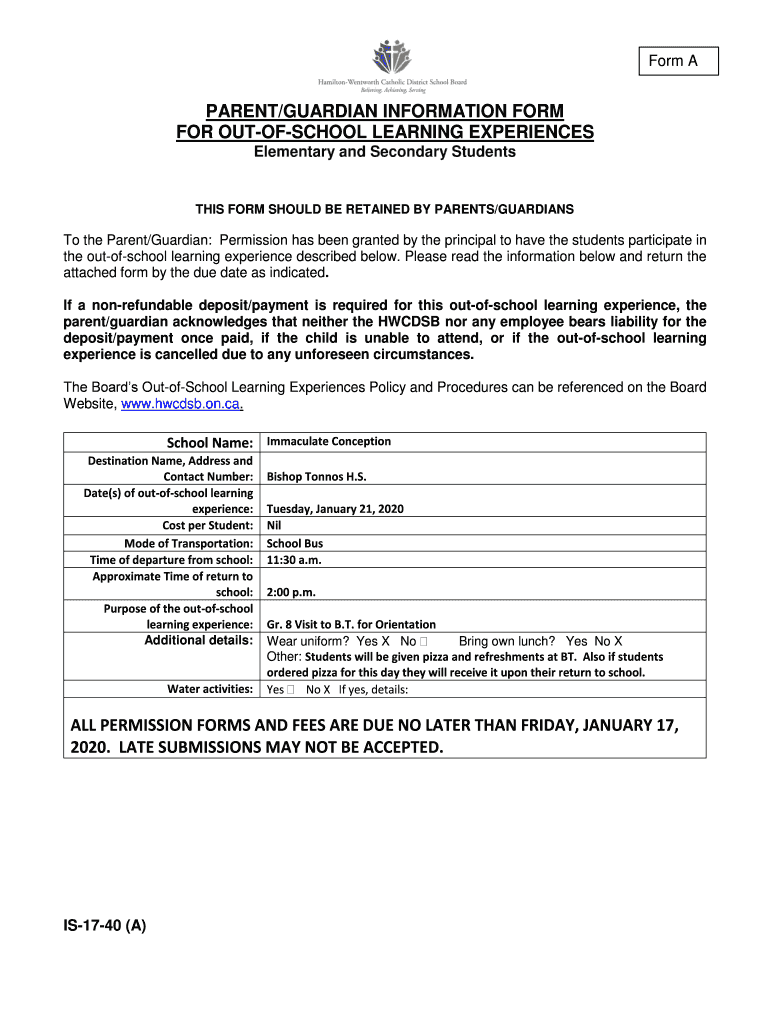 Fillable Online PARENT/GUARDIAN INFORMATION FORM FOR OUT-OF-SCHOOL ...