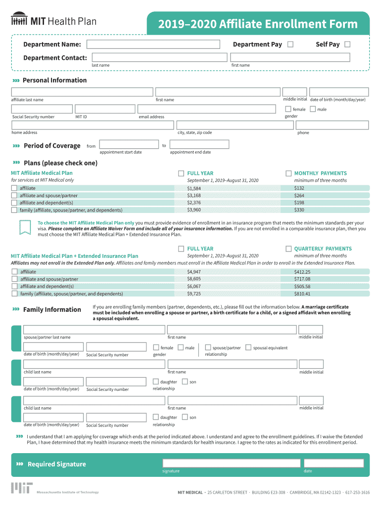 Fillable Online medical mit 20192020 Affiliate Enrollment Form Fax Email Print - pdfFiller