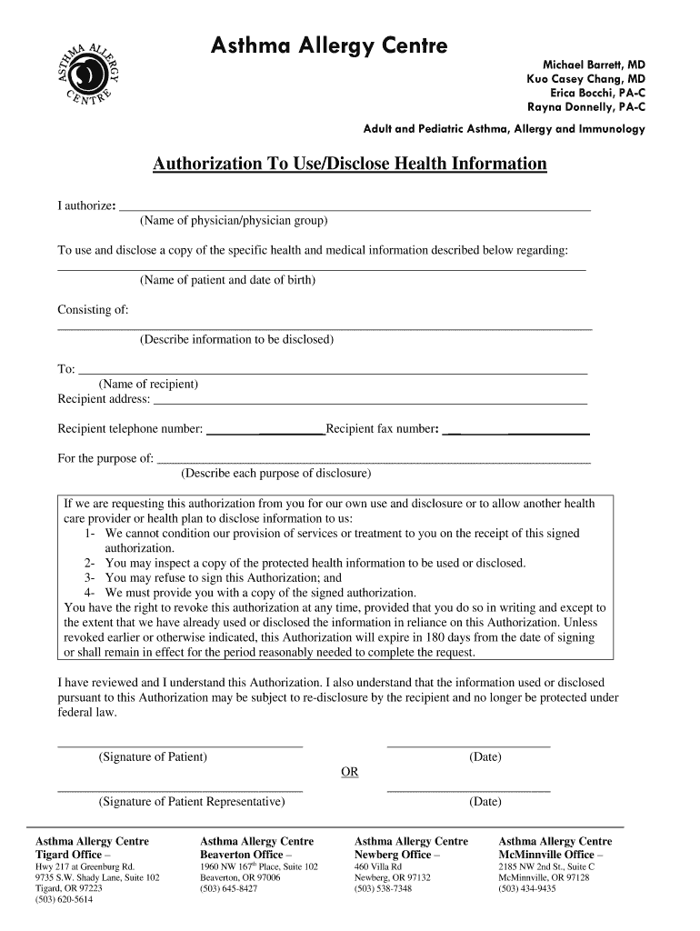 Fillable Online Medical records release form - Asthma Allergy Centre ...