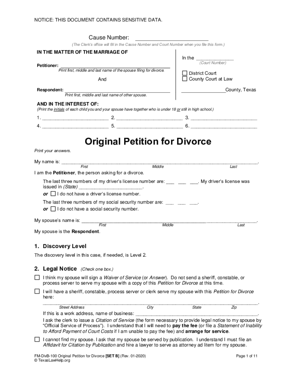 TX Original Petition Divorce Form - Printable Blank PDF Online