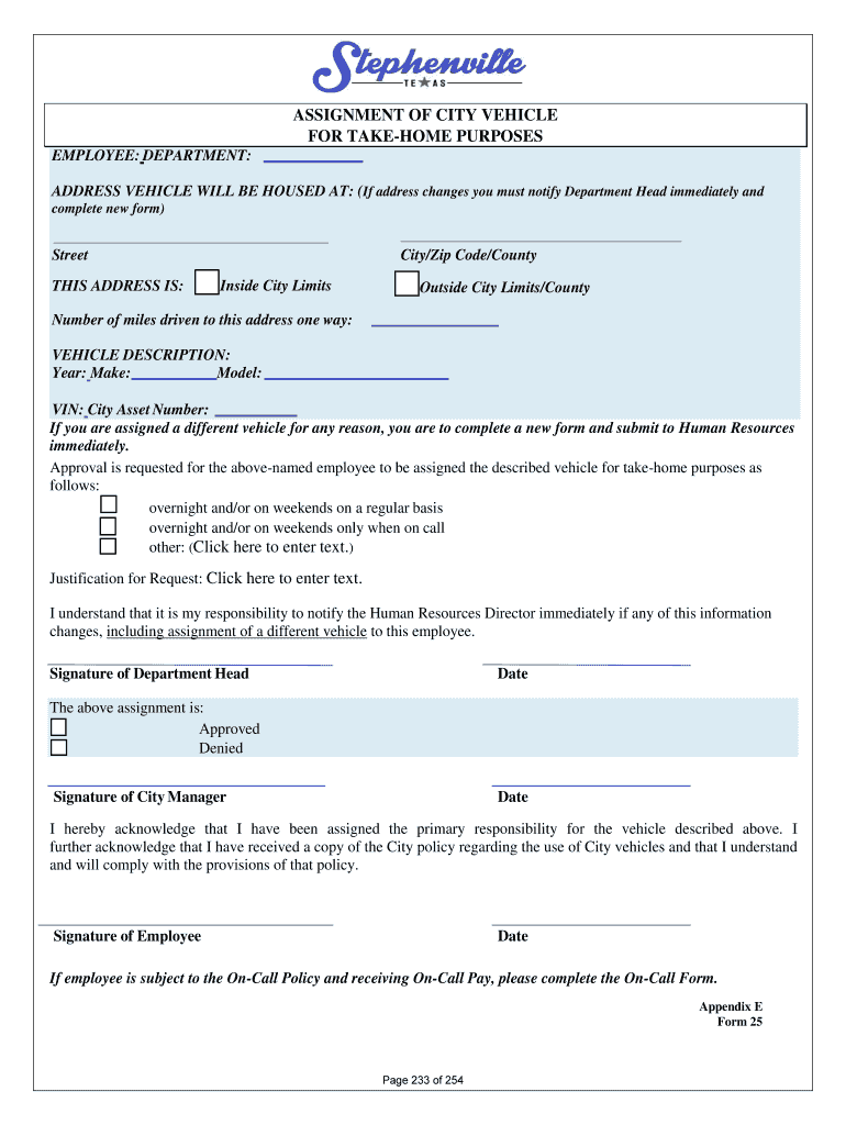 Fillable Online instructions assignment of city vehicles for take-home ...
