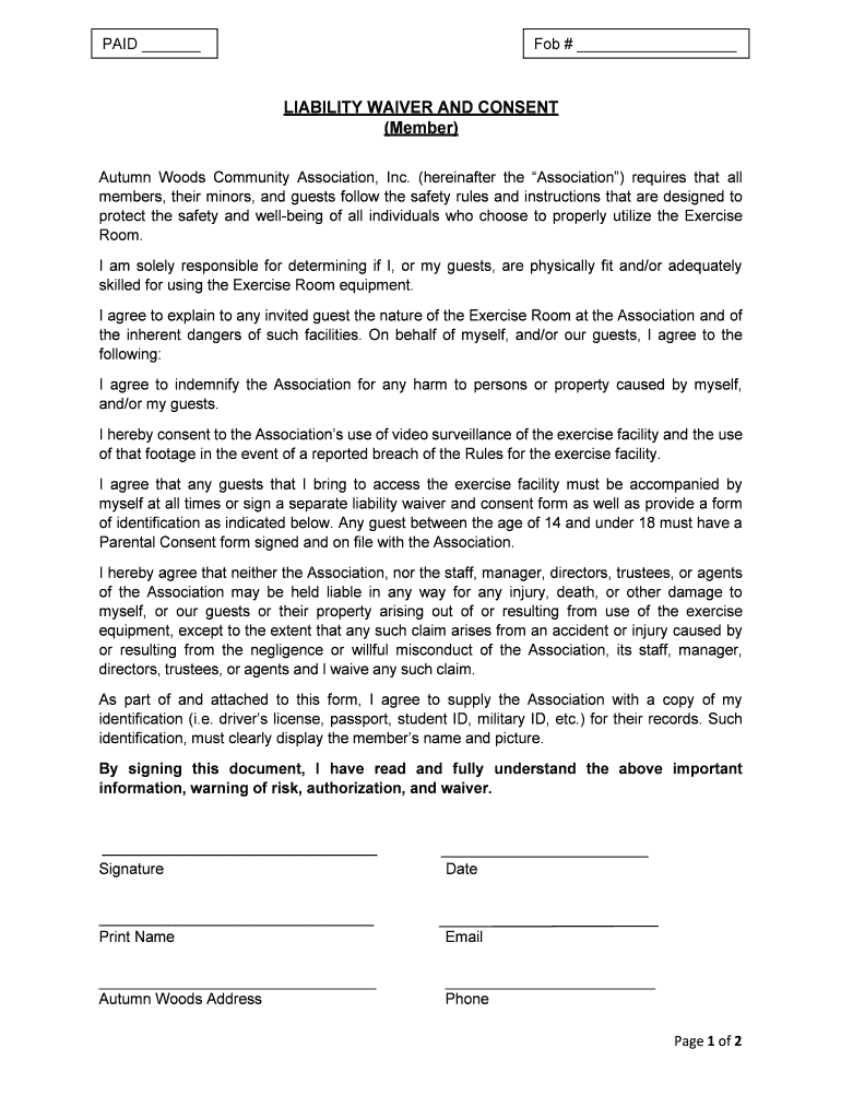 Fillable Online LIABILITY WAIVER AND CONSENT (Member) - Autumn ... Fax ...