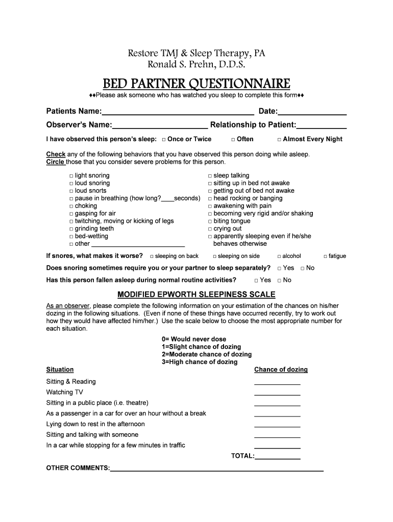 Fillable Online BED PARTNER QUESTIONNAIRE Fax Email Print - pdfFiller