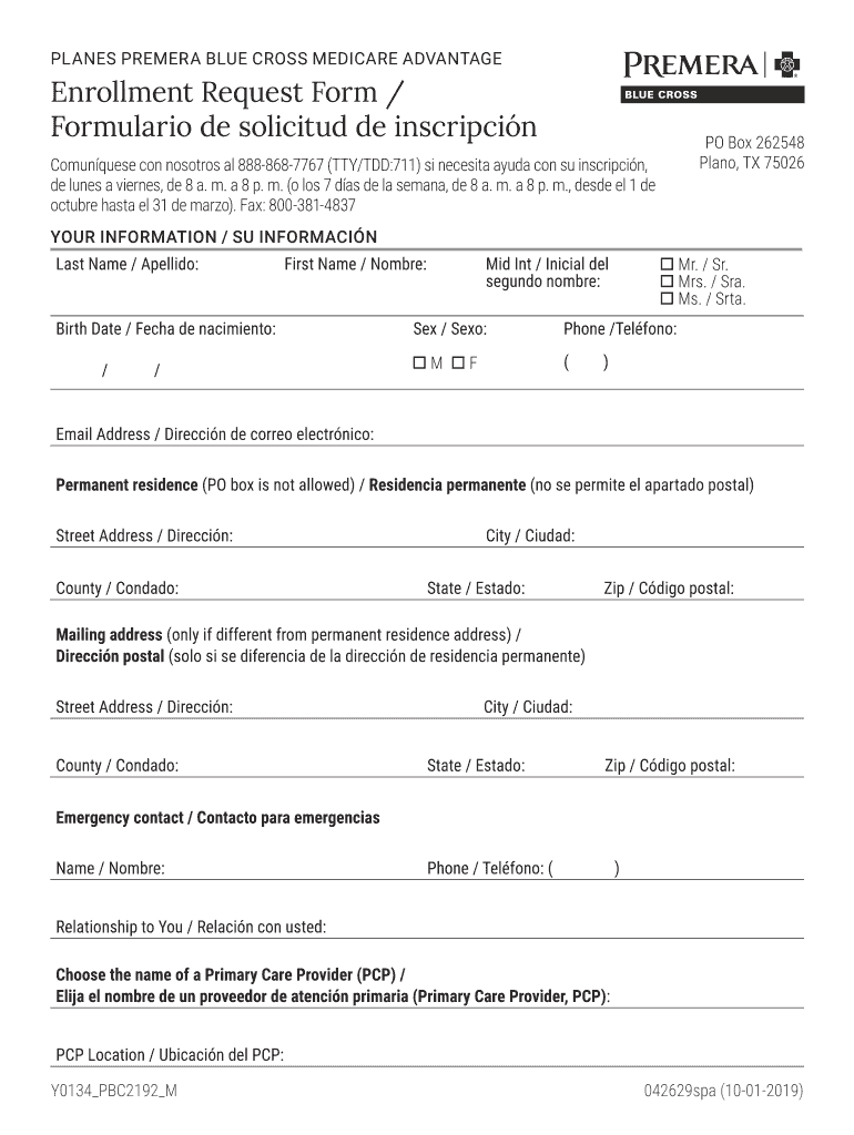 Fillable Online Formulario de solicitud de inscripcin - Premera Blue Cross Fax Email Print ...