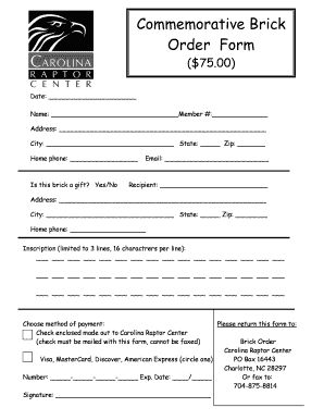 Fillable Online Commemorative Brick Order Form - Carolina Raptor Center ...