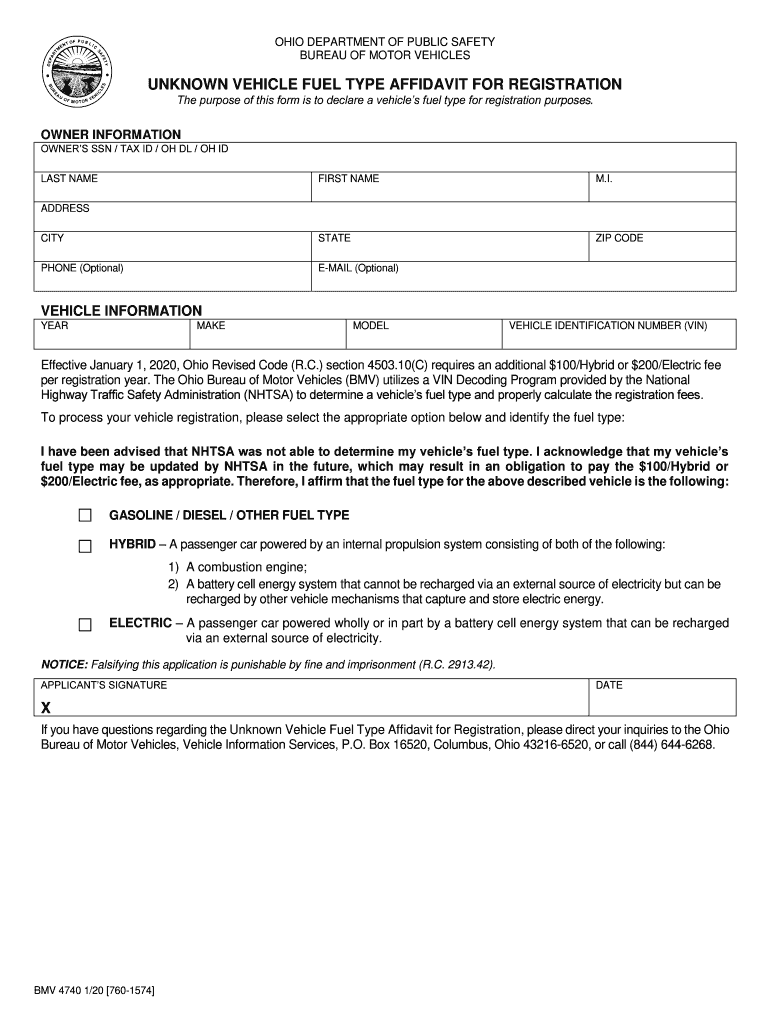 Fillable Online publicsafety ohio unknown vehicle fuel type affidavit for registration x - Ohio ...