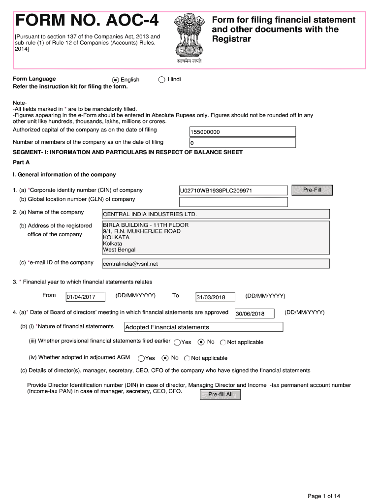 Fillable Online FORM NO. AOC-4 Form for filing financial statement and ...