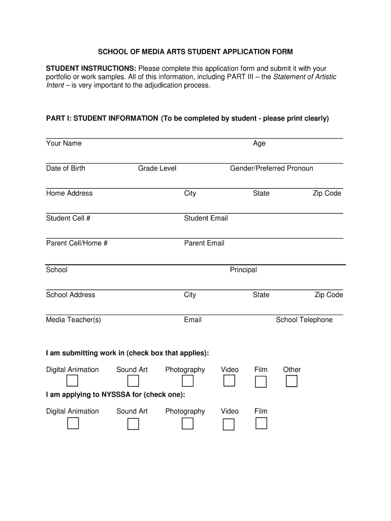 Fillable Online SCHOOL OF MEDIA ARTS STUDENT APPLICATION FORM ... Fax ...