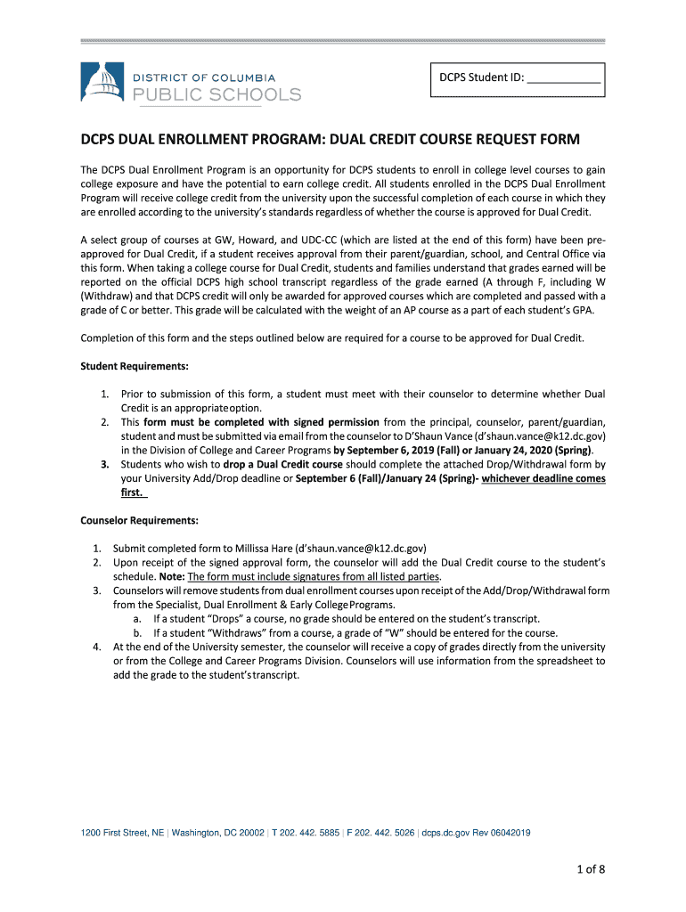 Fillable Online dcps dc dcps dual enrollment program: dual credit ...