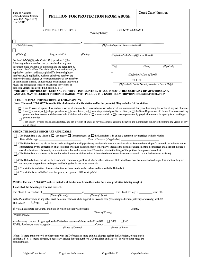 Fillable Online eforms alacourt petition for protection from abuse ...