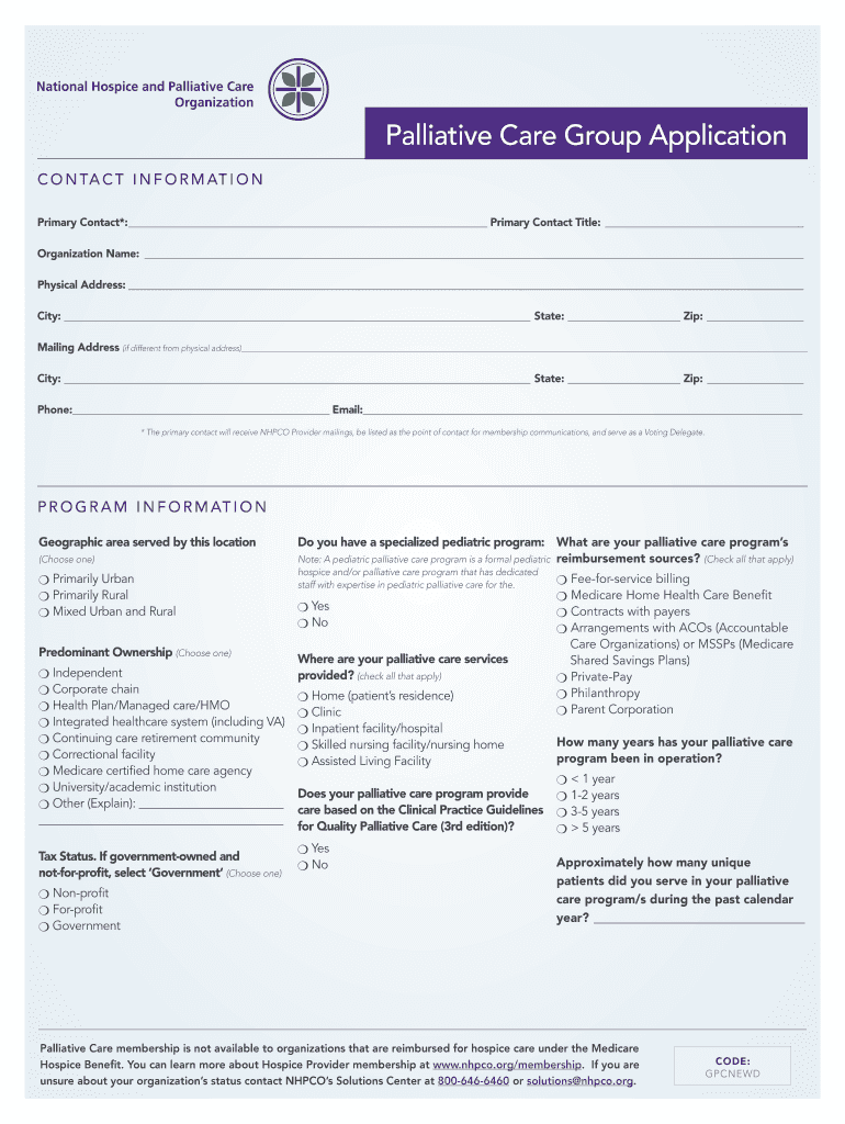 Fillable Online Palliative Care Group Application - National Hospice ...