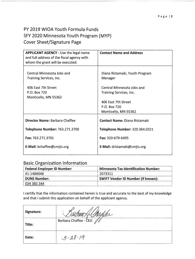 Fillable Online PY19-SFY20 WIOA MYP Unified Local Youth Plan-final Fax ...