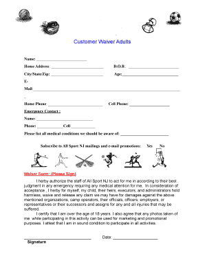 Fillable Online Adult Customer Waiver Fax Email Print - pdfFiller