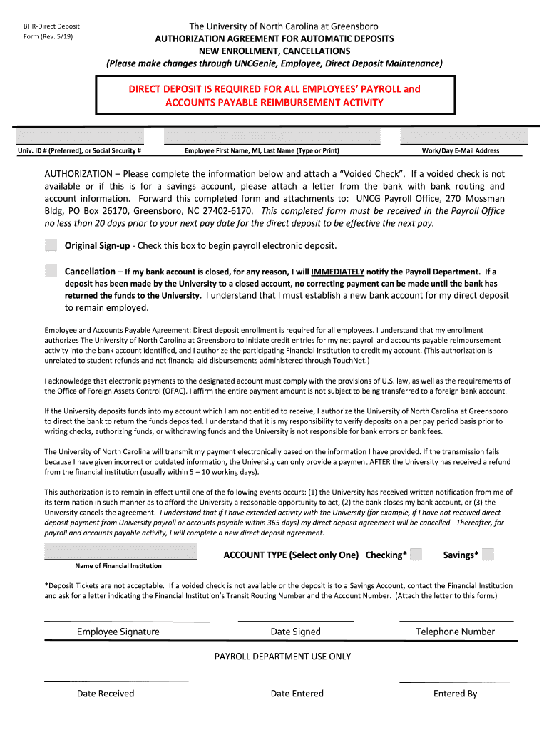Fillable Online payroll uncg DIRECT DEPOSIT IS REQUIRED FOR ALL EMPLOYEES PAYROLL and ... Fax ...