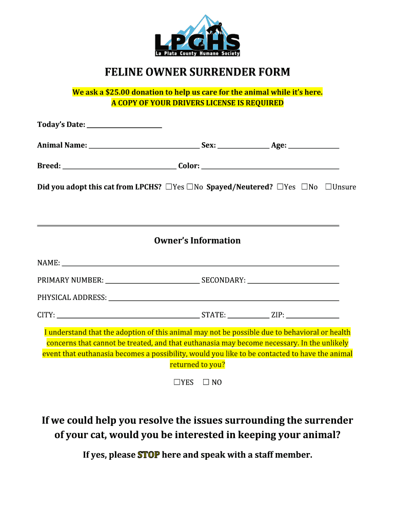 Fillable Online feline owner surrender form - La Plata County Humane ...