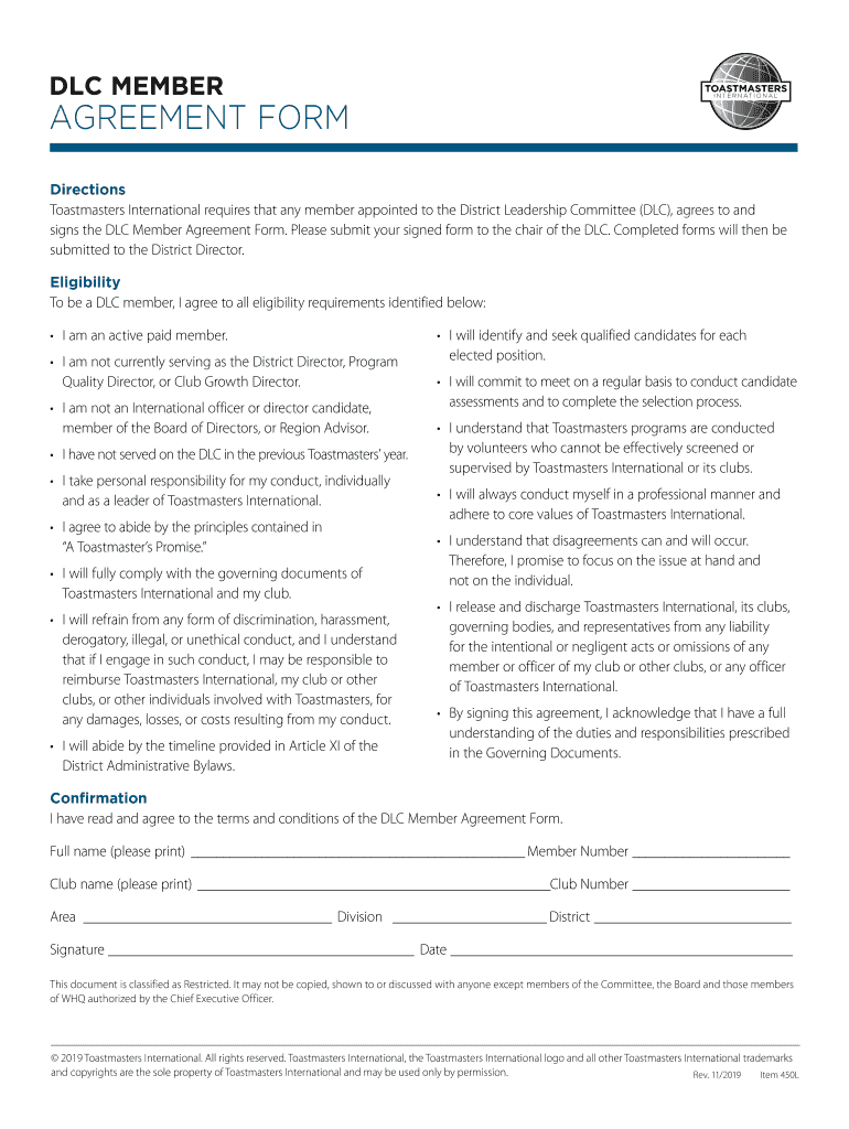 Fillable Online Member Agreement Form - Toastmasters International Fax ...