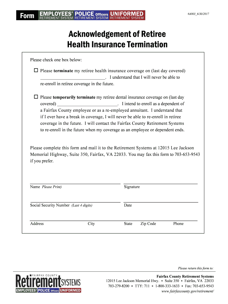 Fillable Online Acknowledgement of Retiree Health Insurance Termination ...