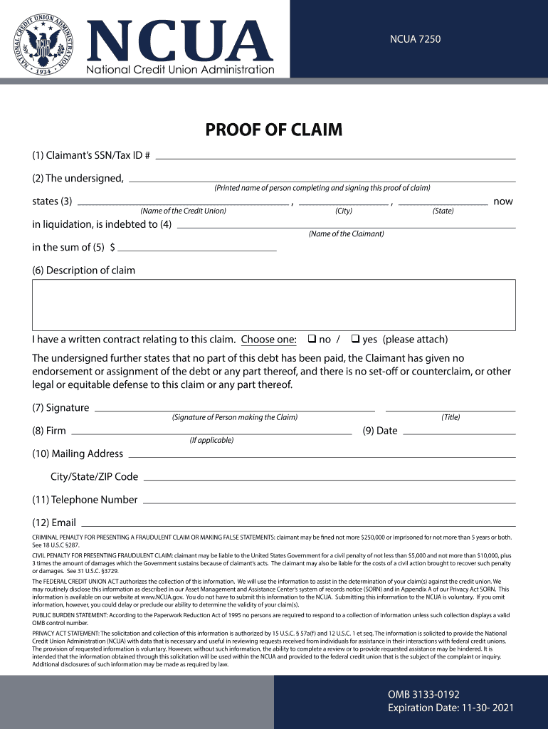 Fillable Online NCUA Proof of Claim Form Fax Email Print - pdfFiller