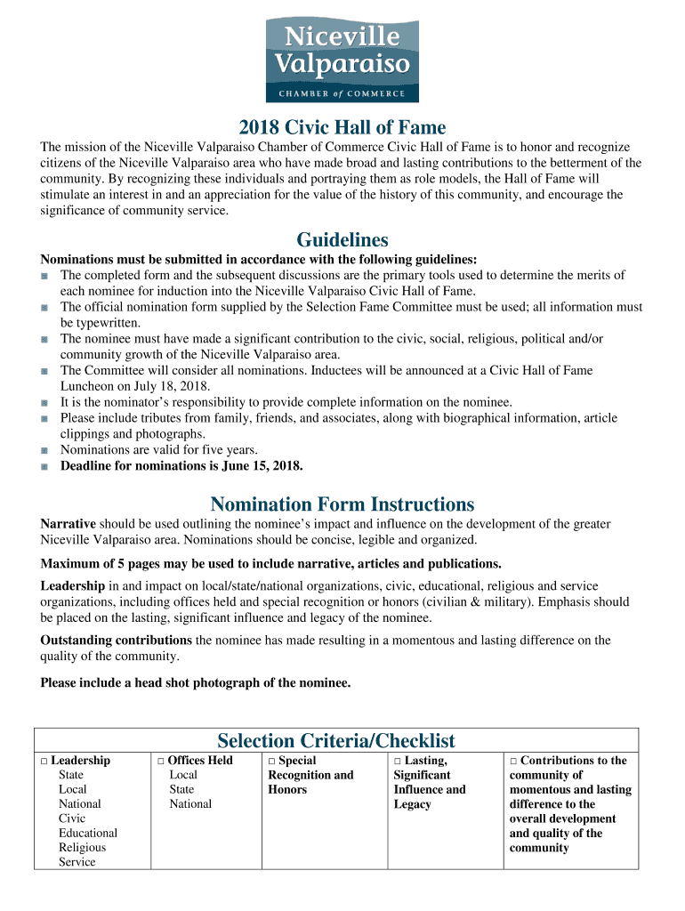 Fillable Online 2018 Civic Hall of Fame Guidelines Nomination Form ...