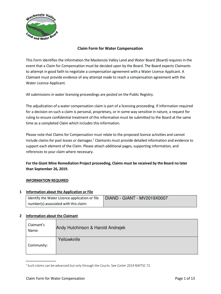 Fillable Online Claim Form for Water Compensation Andy Hutchinson ...