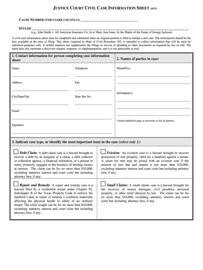Fillable Online justice court civil case information sheet - Galveston ...