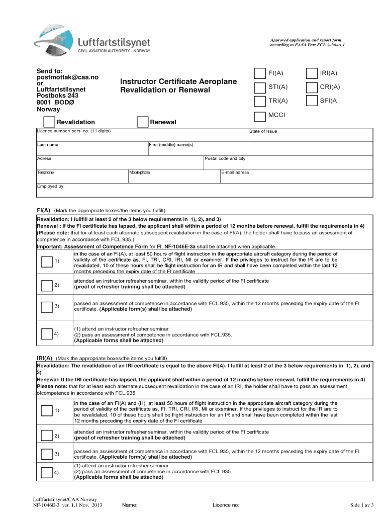 Fillable Online Instructor Certificate Aeroplane Revalidation or ...