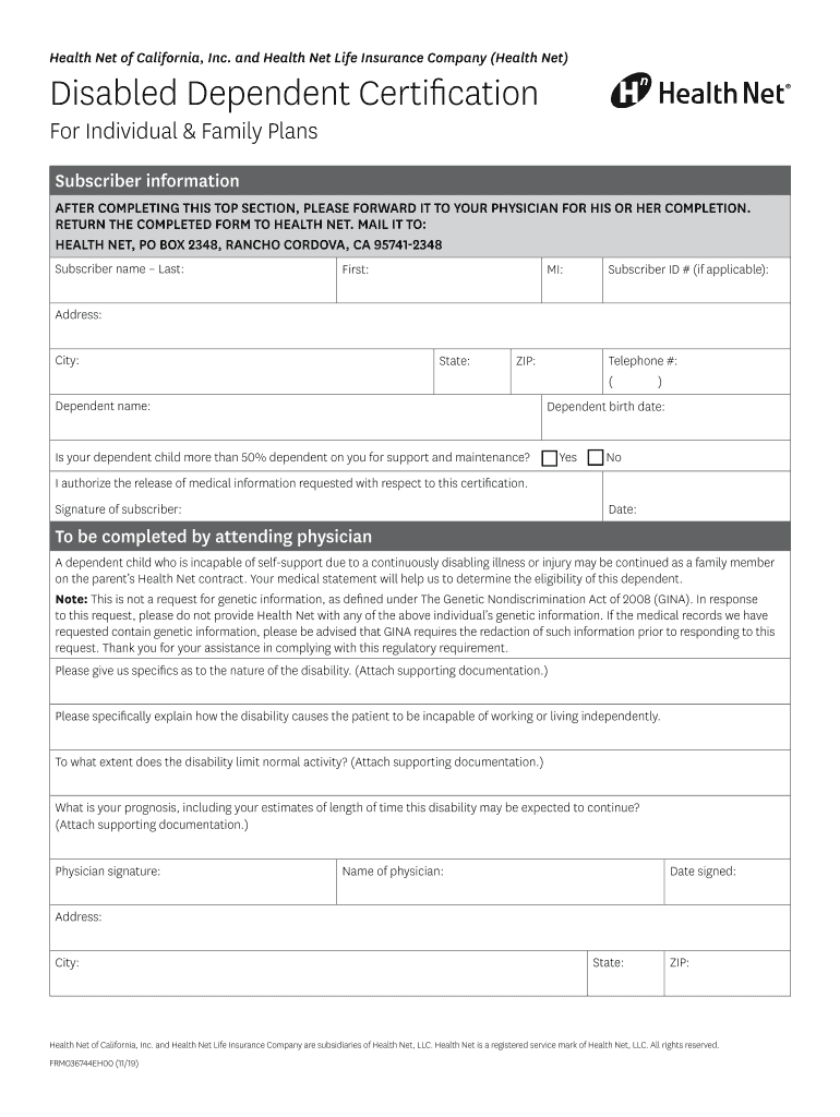 Fillable Online Disabled Dependent Certification For Individual ...