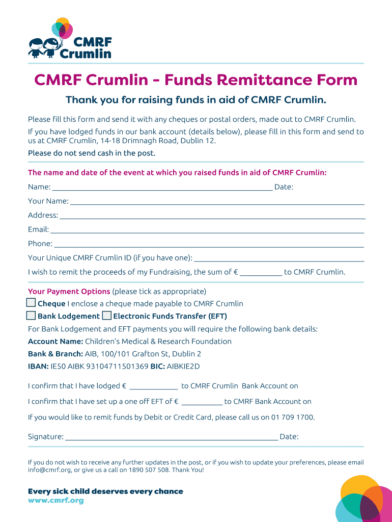 Fillable Online CMRF Crumlin - Funds Remittance Form Fax Email Print ...
