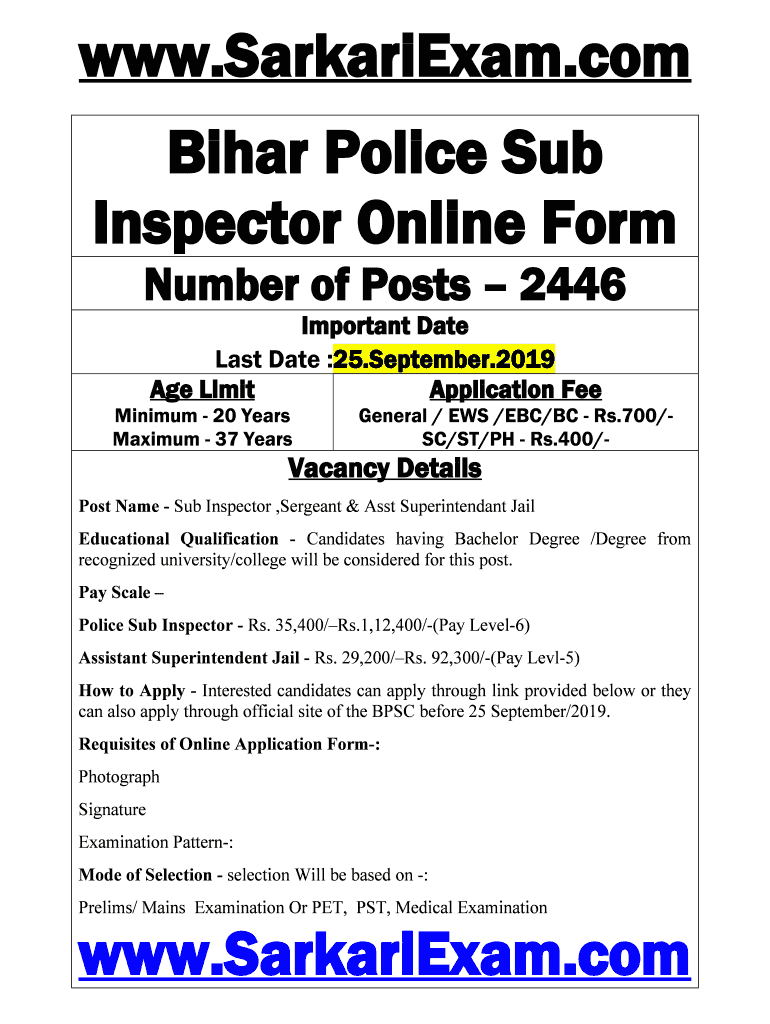 Fillable Online www.SarkariExam.com Bihar Police Sub Inspector Online ...