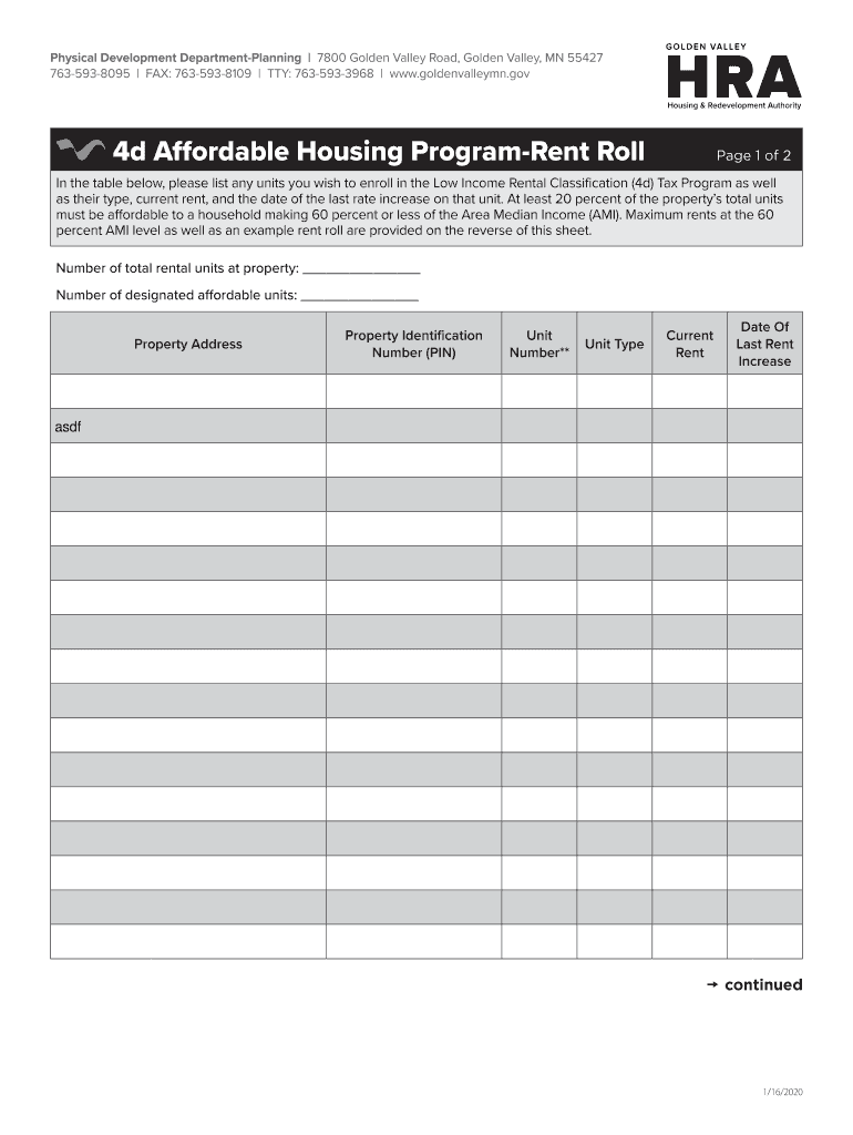 Fillable Online 4d Affordable Housing Program-Rent Roll Page 1 of 2 Fax ...