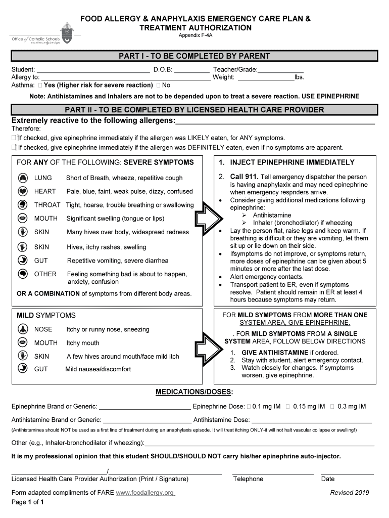 Fillable Online FOOD ALLERGY & ANAPHYLAXIS EMERGENCY CARE PLAN & Fax ...